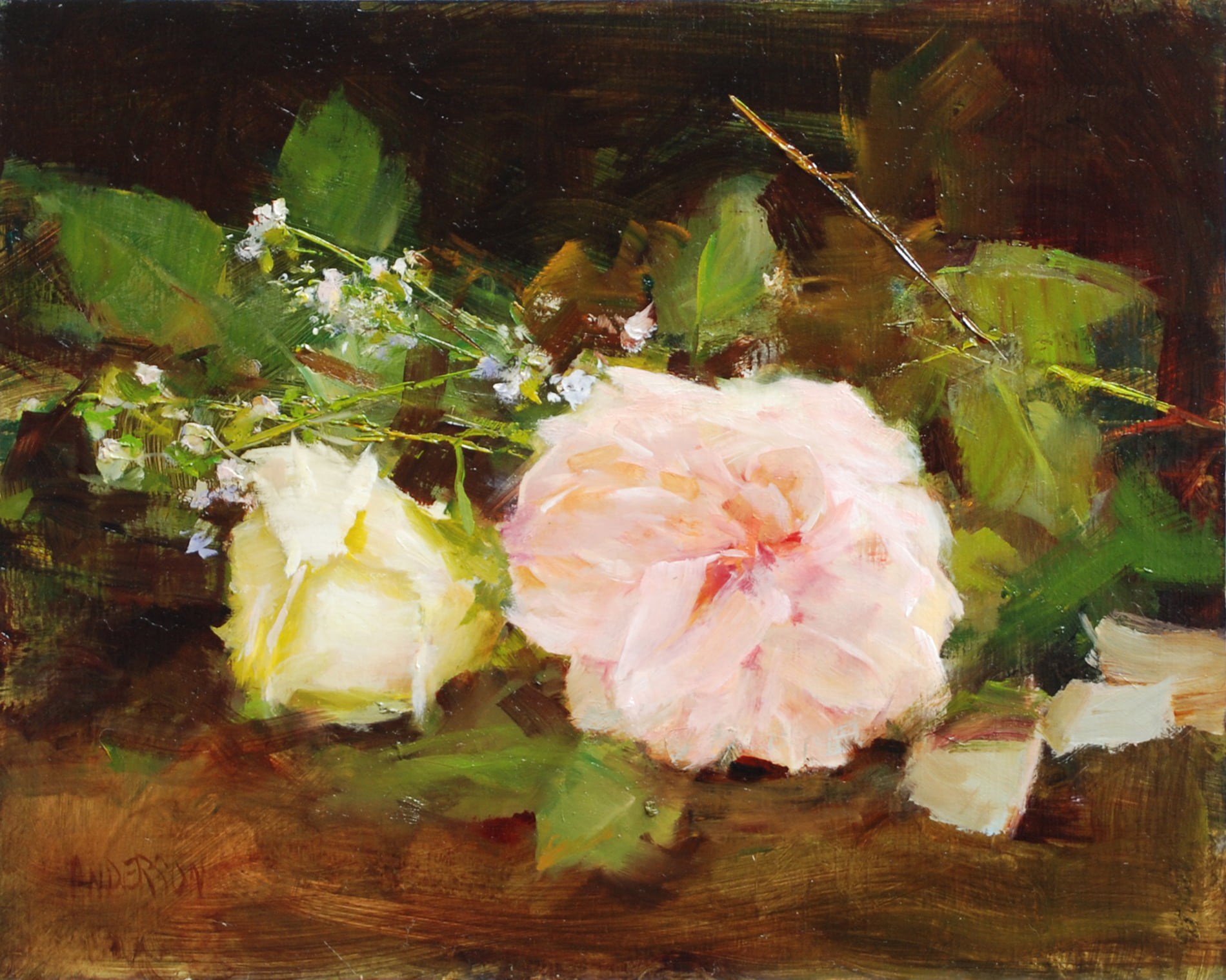 Kathy Anderson [NRA 2008] : Pink rose and baby's breath, 2022. | Salmagundi Club